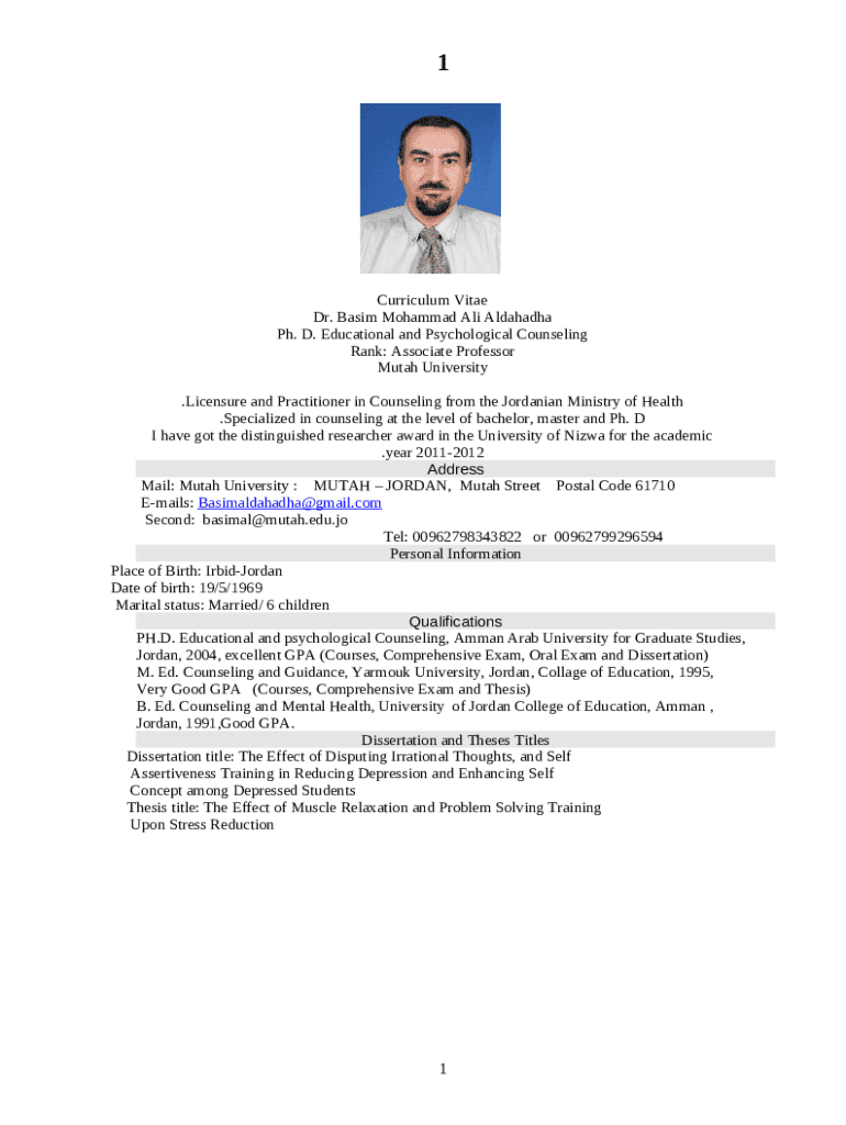 Curriculum Vitae Dr. Basim Mohammad Ali Aldahadha Ph. D. Doc Template | pdfFiller