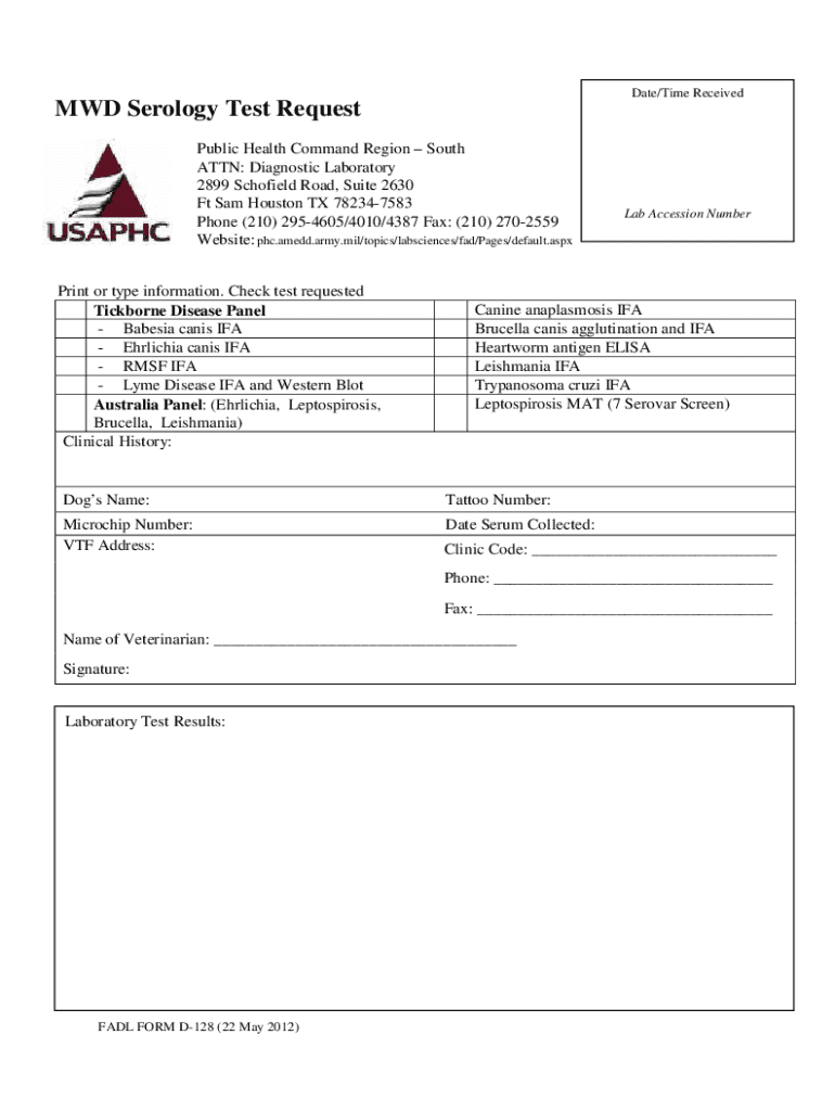 Fillable Online FADL Form D-128 - MWD Serology Test Request May 2012 ...