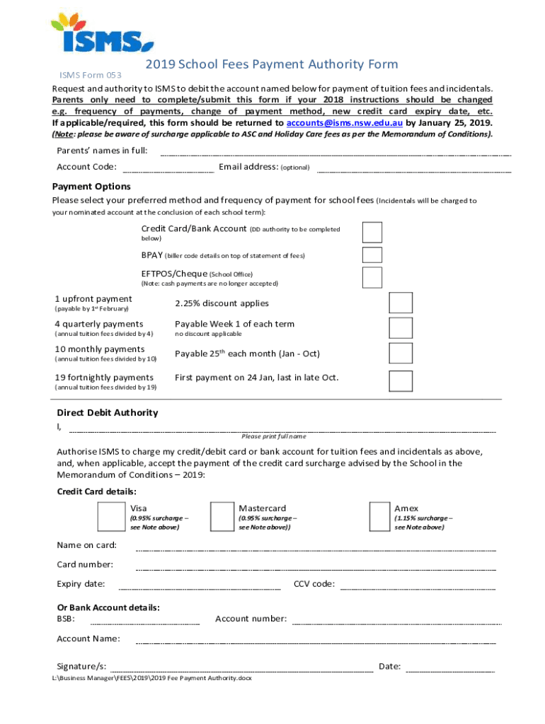 Fillable Online 2019 School Fees Payment Authority Form Fax Email Print ...