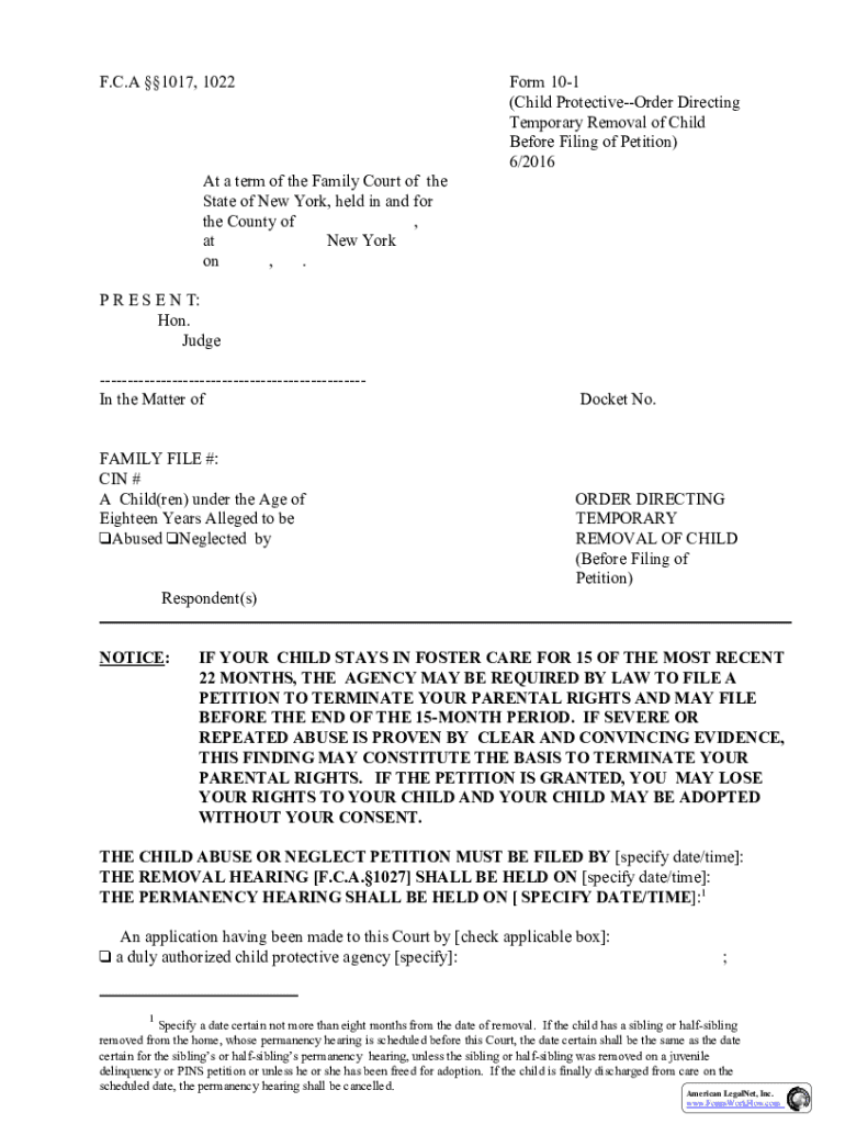 Fillable Online Fillable Online F.C.A 1017, 1022 Form 10-1 (Child ...