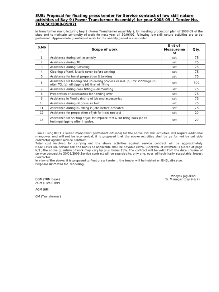 SUB: Proposal for floating press tender for Service contract of ... Doc ...