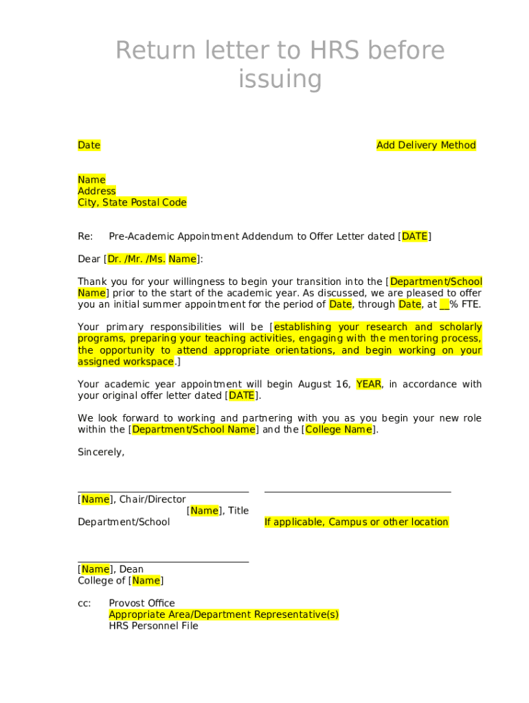 Offer Letter Addendum - hrs wsu Doc Template | pdfFiller