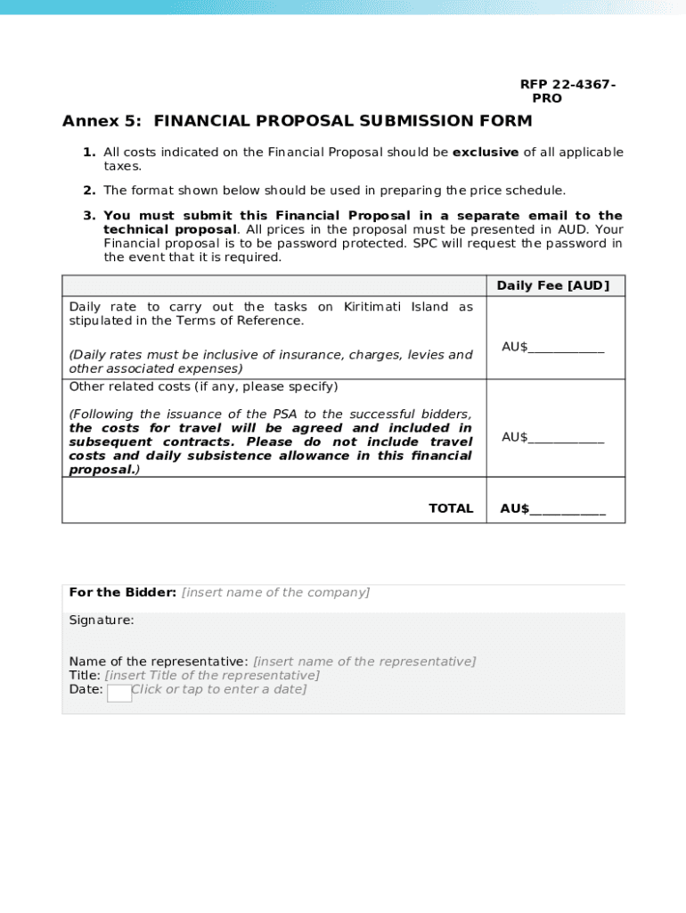 Annex 5: FINANCIAL PROPOSAL SUBMISSION Doc Template | pdfFiller