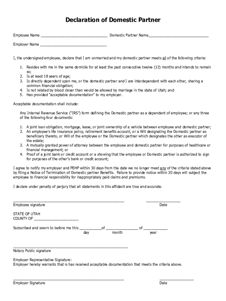 Fillable Online DOMESTIC PARTNERSHIP AFFIDAVIT Name of Employee Fax ...