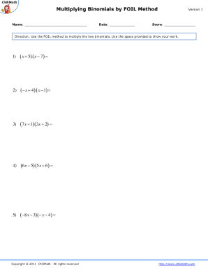 Fillable Online Worksheet # 1: Use FOIL To Multiply the Binomials Fax ...