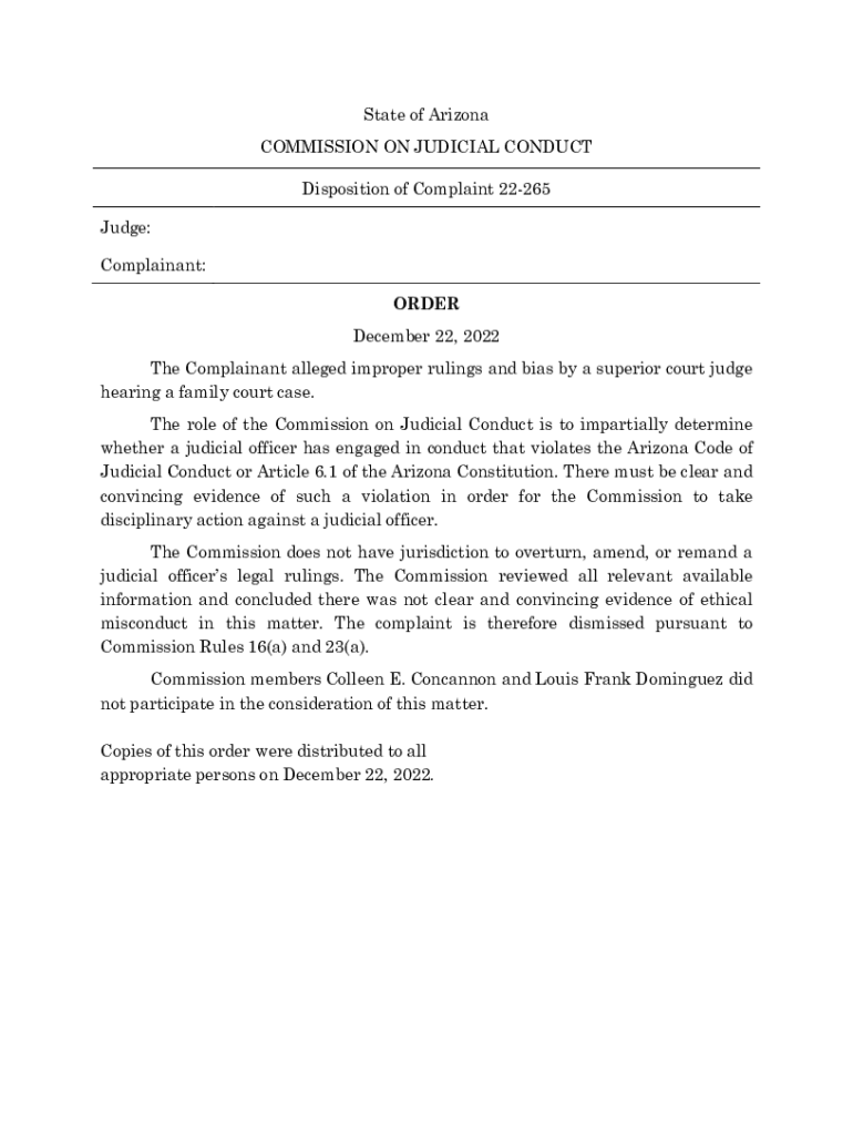 Fillable Online Disposition of Complaint 22-265 Judge: Complainant Fax ...