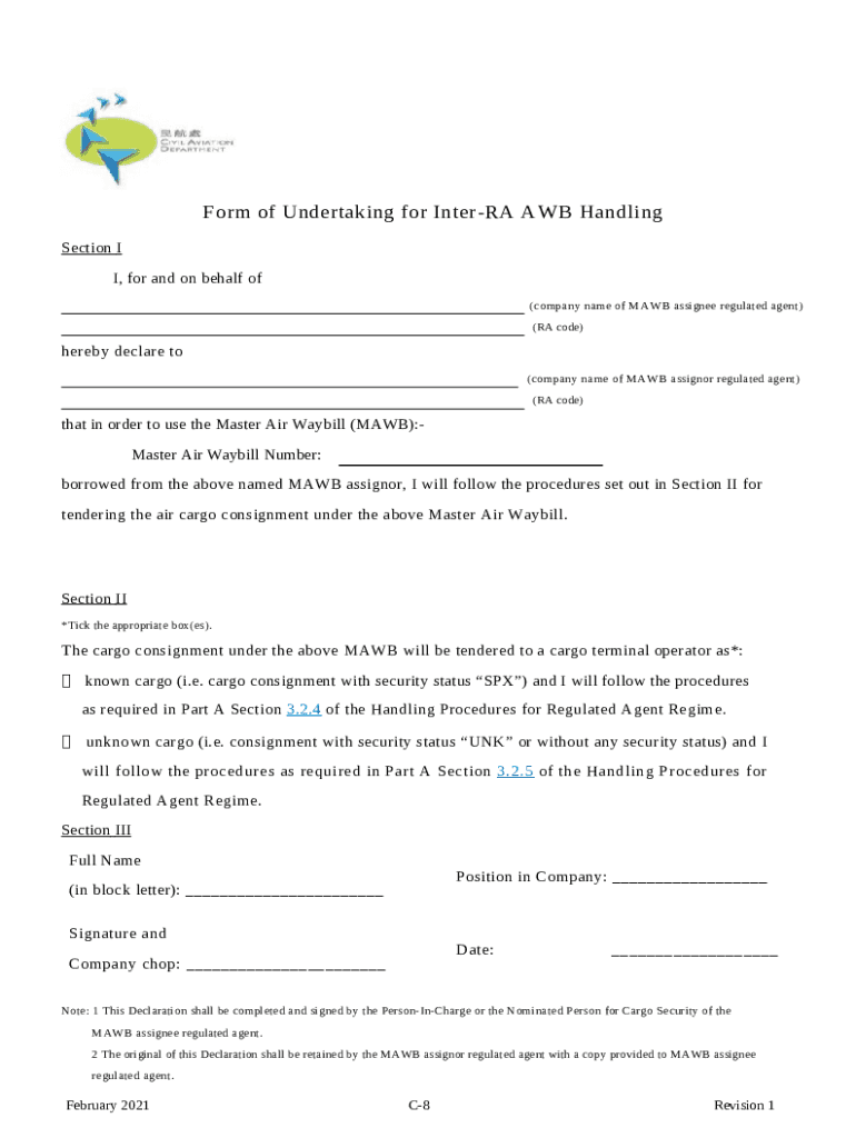 of Undertaking for Inter-RA AWB Handling - Online-Consol Doc Template | pdfFiller