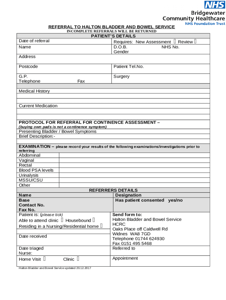 Halton Bladder & Bowel Service Referral Doc Template | pdfFiller