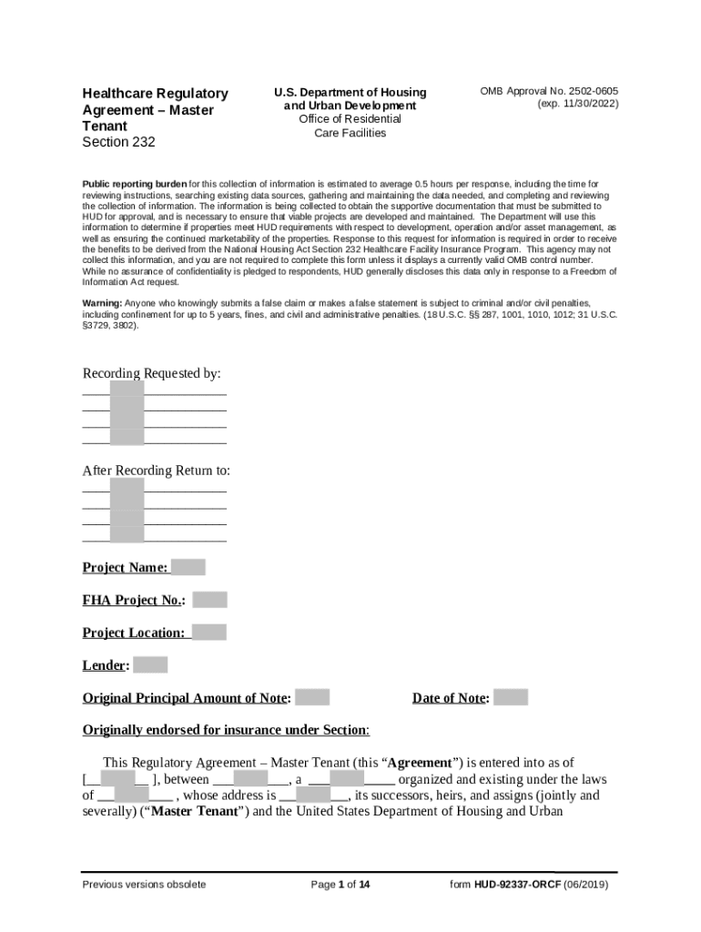Healthcare Regulatory Agreement - Operator - HUD Doc Template | pdfFiller