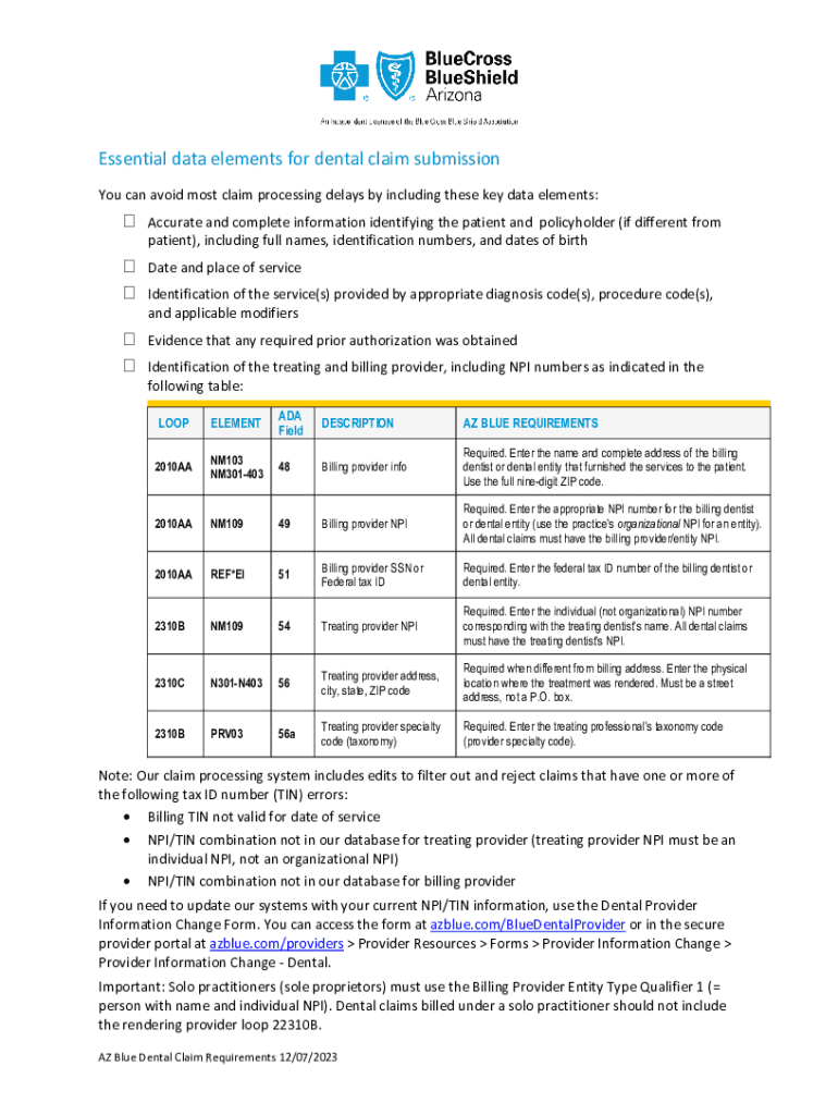 Fillable Online Essential data elements for dental claim submission Fax Email Print - pdfFiller