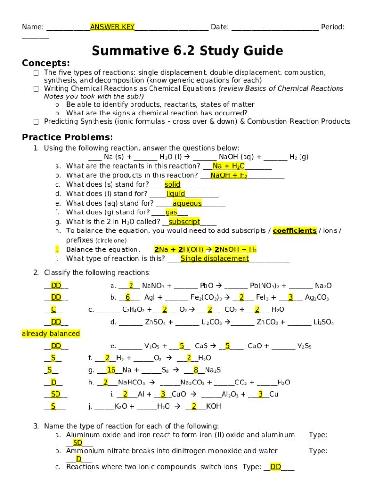 Balancing Equations & Reaction Types Doc Template | pdfFiller