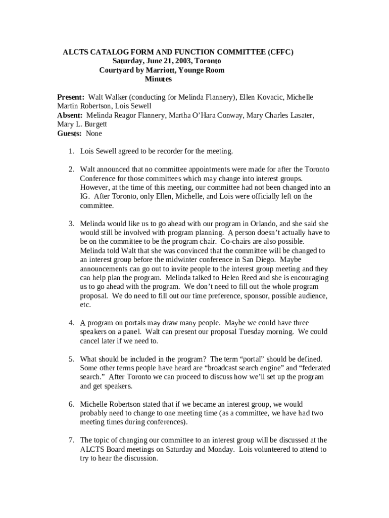 ALCTS CATALOG AND FUNCTION COMMITTEE (CFFC) Doc Template | pdfFiller