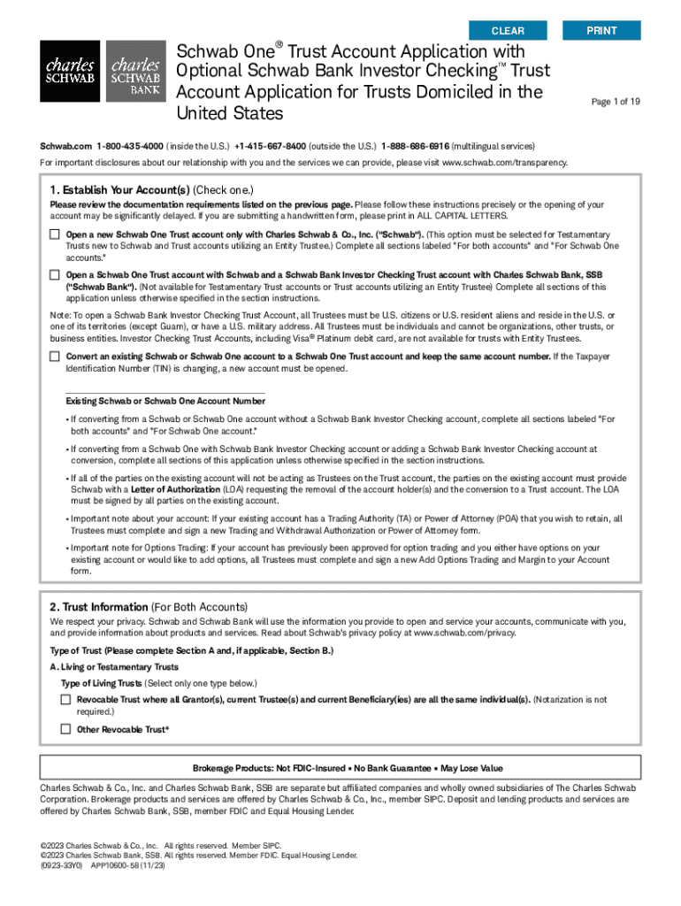 Fillable Online Instructions to Open or Update a Schwab One Trust Account with Optional Schwab ...