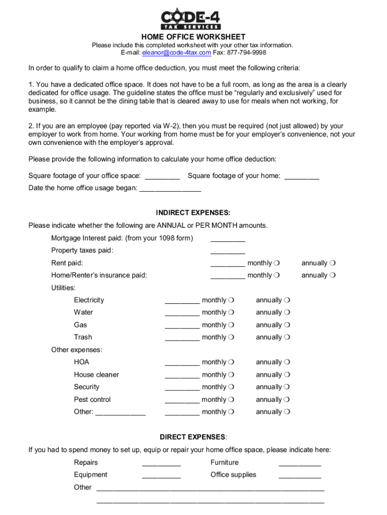 Fillable Online Home Office Tax Deduction - Free Worksheet Fax Email ...