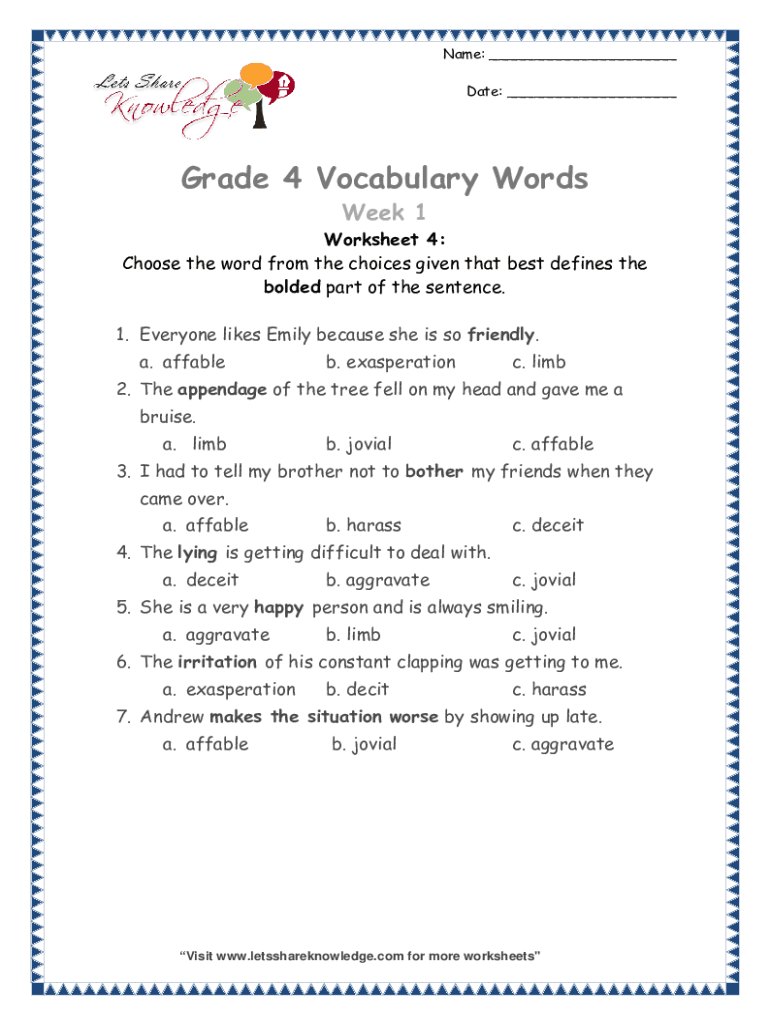Fillable Online Grade 4 Vocabulary Week 1 Worksheet 4 PDF Fax Email ...