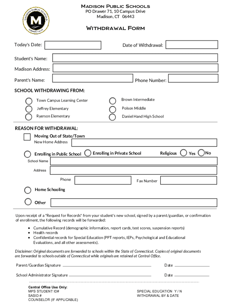 Fillable Online Withdrawal Form - Madison Public Schools Fax Email ...