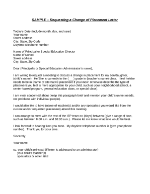 Sample Letters: Requesting A Change of Placement Doc Template | pdfFiller