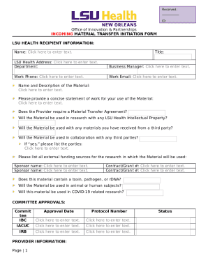 INCOMING Material Transfer Initiation Doc Template | pdfFiller
