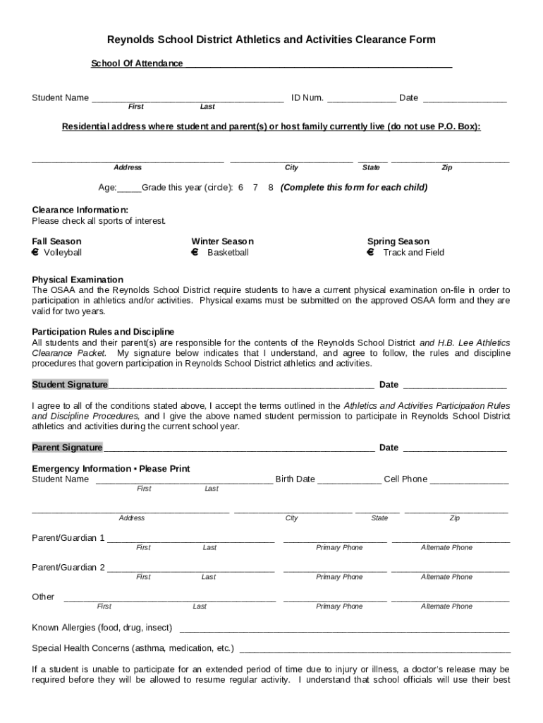 Reynolds School District Athletics and Activities Clearance ... Doc ...