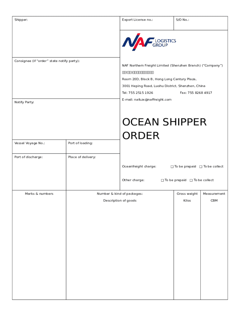 OCEAN SHIPPER ORDER Doc Template | pdfFiller