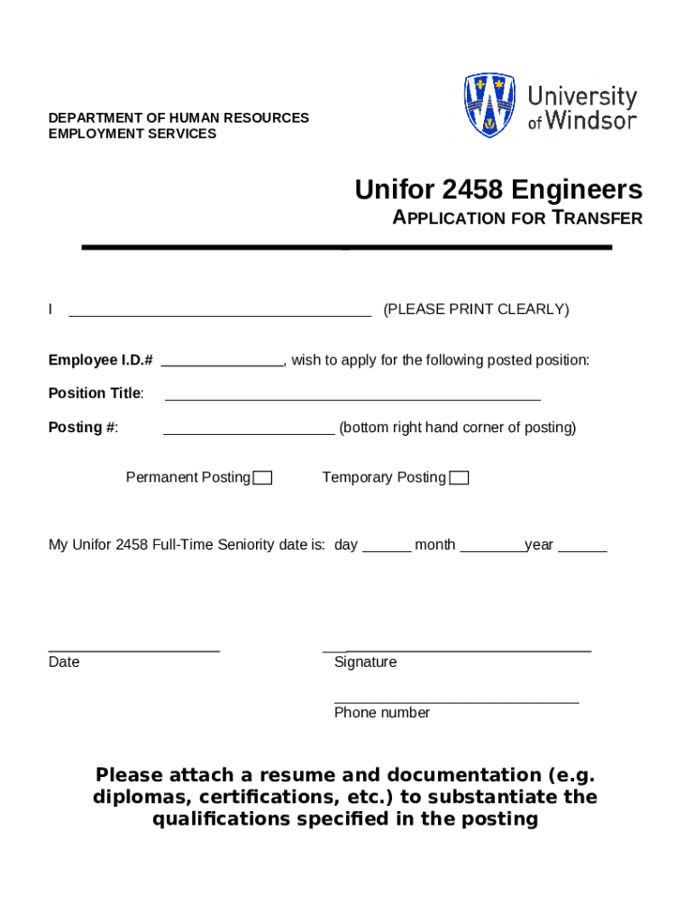 Unifor 2458 UNIONPart Time Application for Transfer Doc Template ...