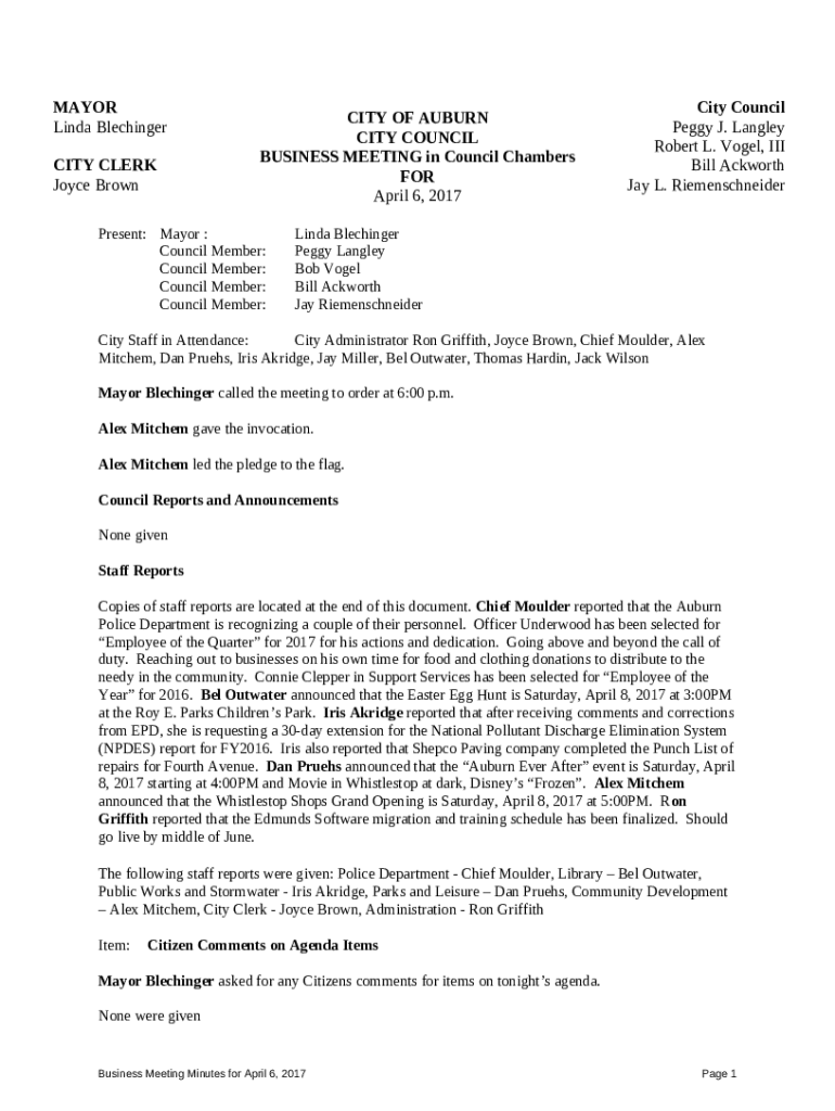 City Staff in Attendance:City Administrator Ron Griffith, Joyce Brown ...