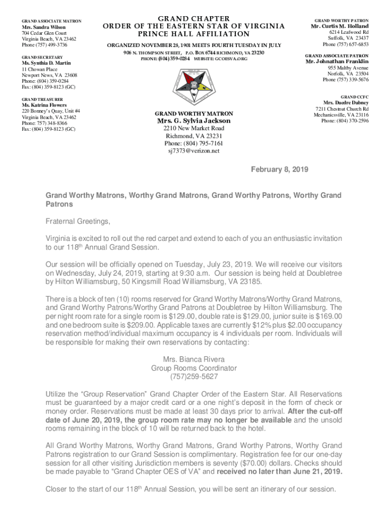 Fillable Online June 28, 2020 TO - Grand Chapter OES of Virginia, PHA ...