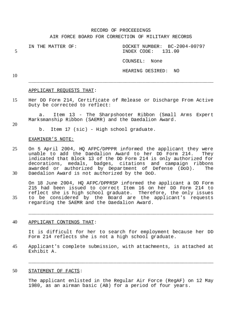 Her DD 214, Certificate of Release or Discharge From Active Duty be corrected to reflect ...