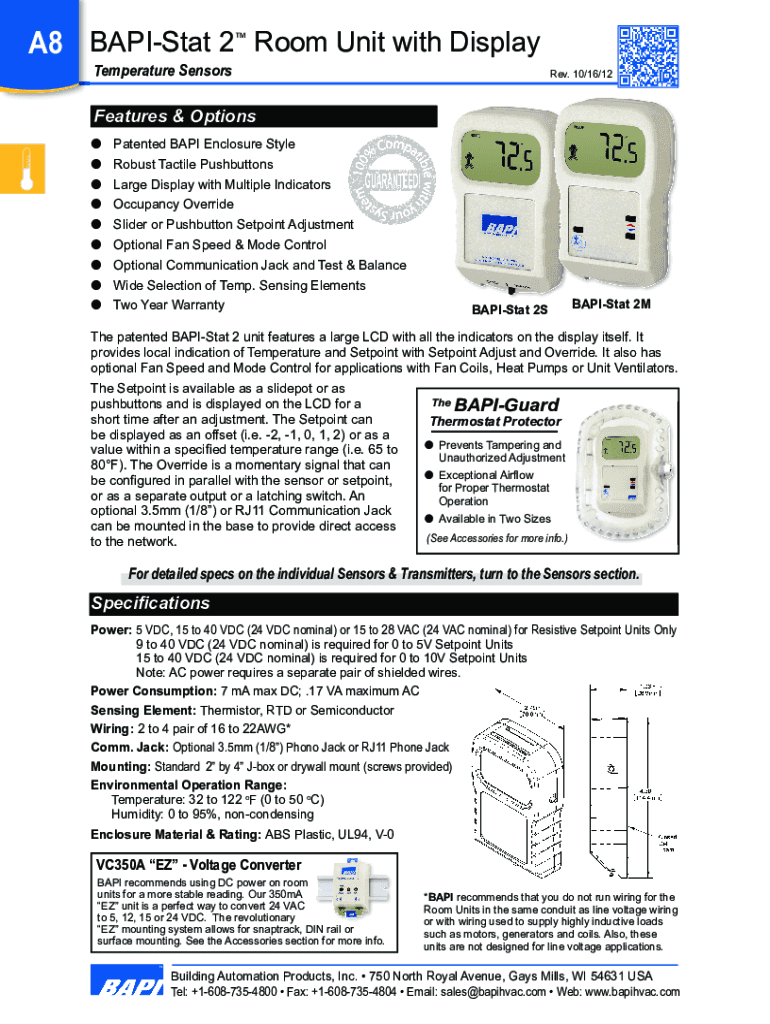 Fillable Online BAPI-Stat 2 Room Unit with Display Fax Email Print - pdfFiller