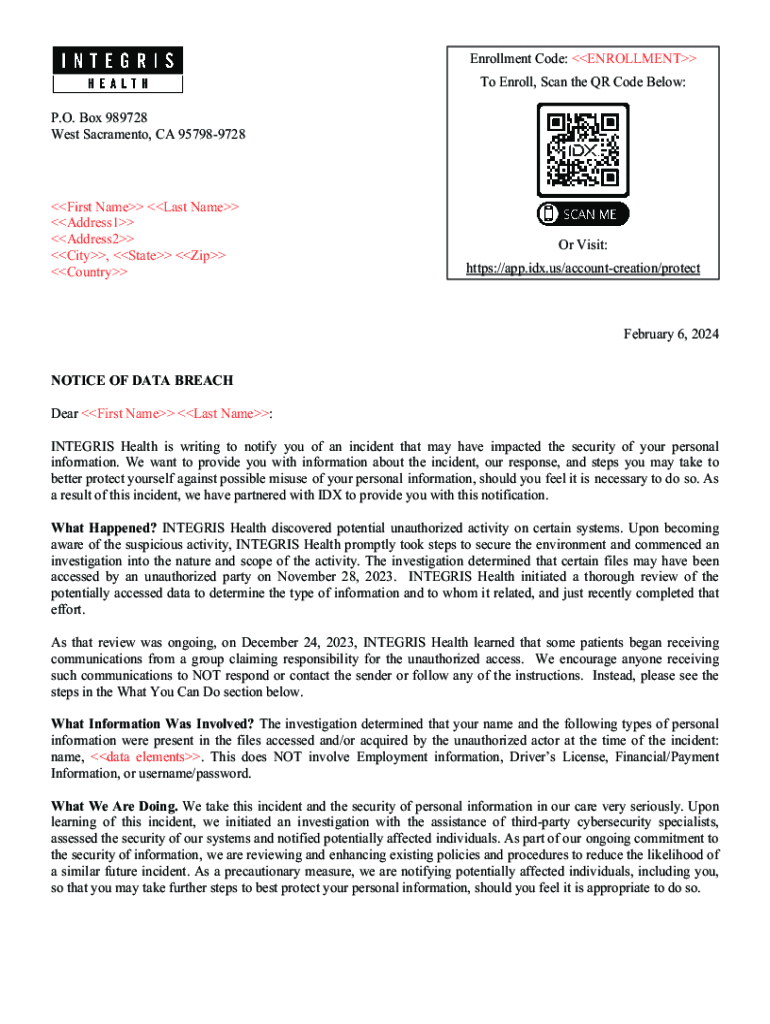 Fillable Online oag ca Notice of Data Event - INTEGRIS Health - CA Fax Email Print - pdfFiller