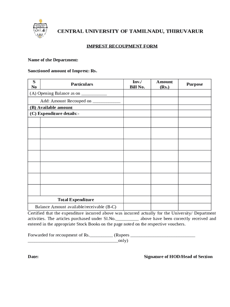 Imprest Recoupment Doc Template | pdfFiller