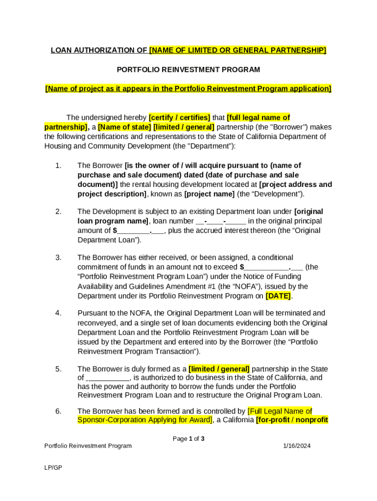 loan authorization of name of limited or general partnership Doc ...