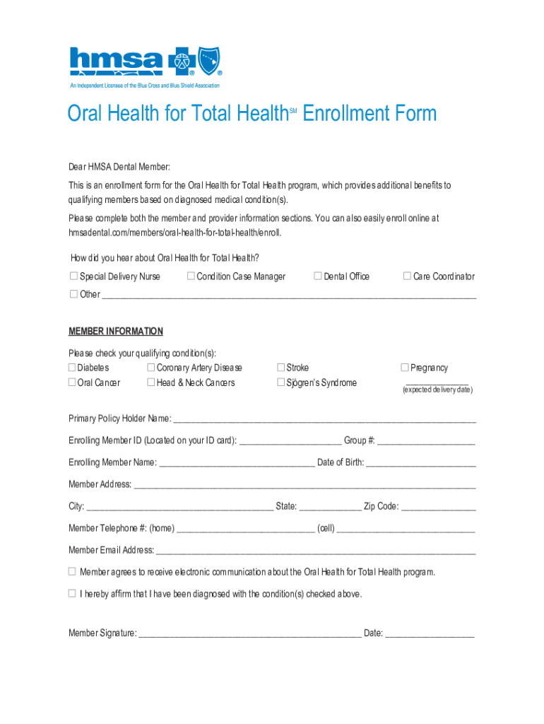 Fillable Online Oral Health for Total Health Enrollment Form Fax Email ...