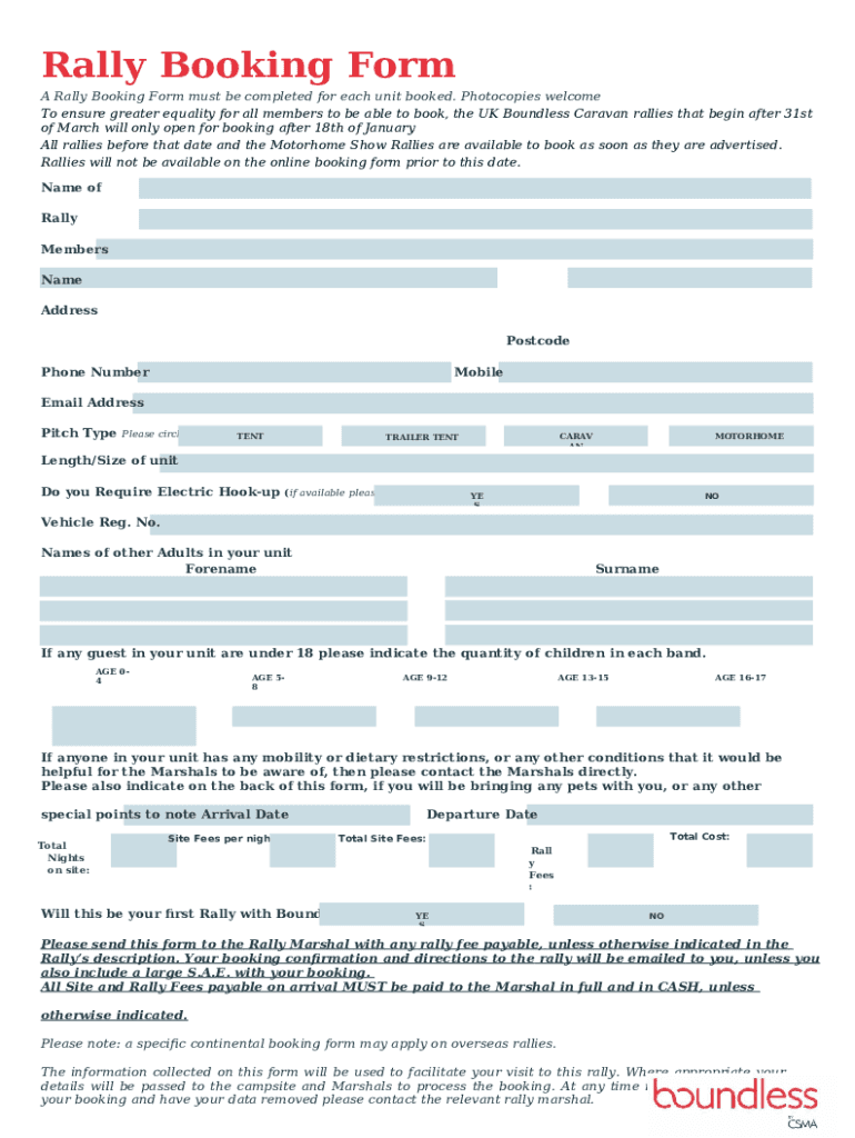 Rally Booking - Rover Sports Register Doc Template | pdfFiller
