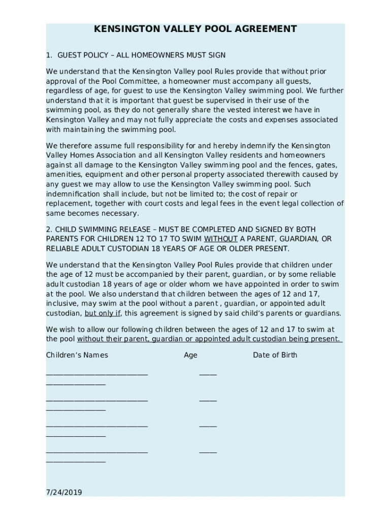 kensington valley pool agreement Doc Template | pdfFiller