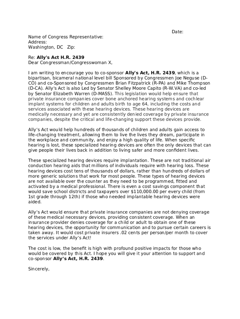 Template Allys Act Letter for Congress Doc Template | pdfFiller