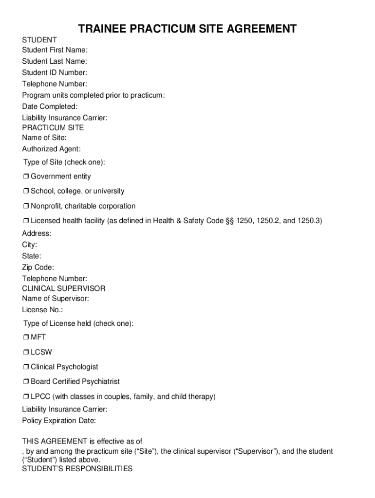 Fillable Online Student Practicum Site Agreement (NU-MAC-COHORT-1005 ...