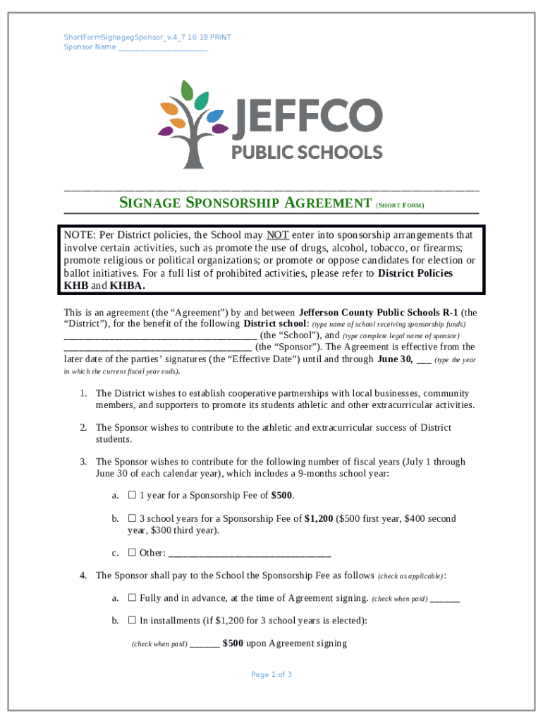 Signage Sponsorship Agreement Doc Template | pdfFiller
