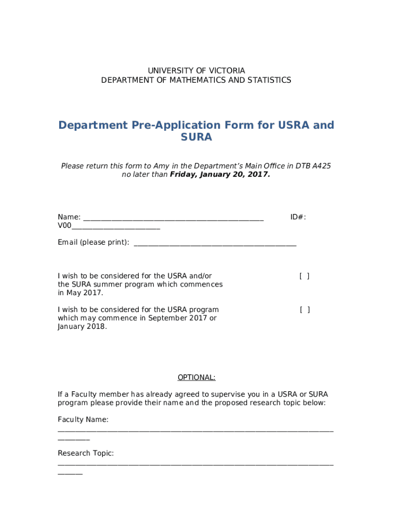 Department Pre-Application for USRA and SURA Doc Template | pdfFiller