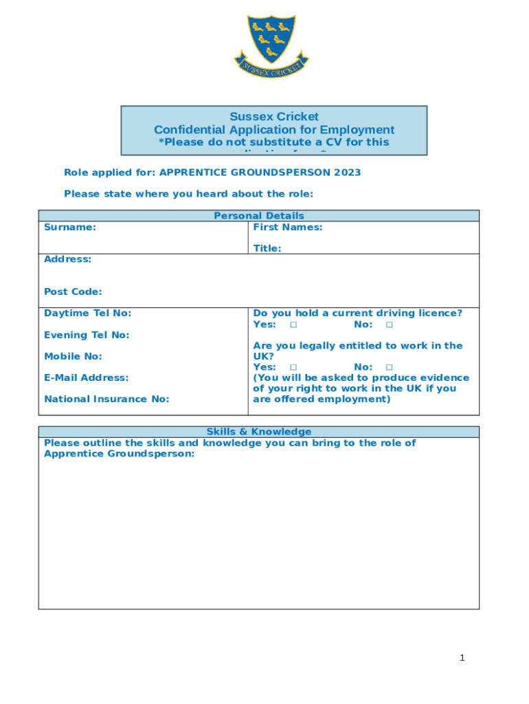 Sussex Cricket Confidential Application for Employment - sussexcricket ...