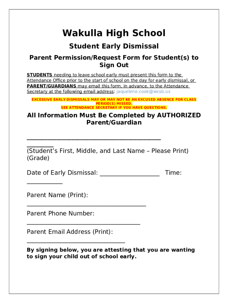 Wakulla High School Early Dismissal Policy & Doc Template | pdfFiller