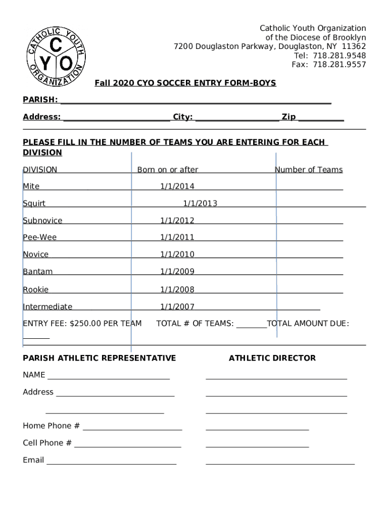 CYO SOCCER ENTRY -BOYS. ... Doc Template | pdfFiller