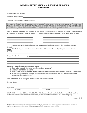 OWNER CERTIFICATION - SUPPORTIVE SERVICES Doc Template | pdfFiller