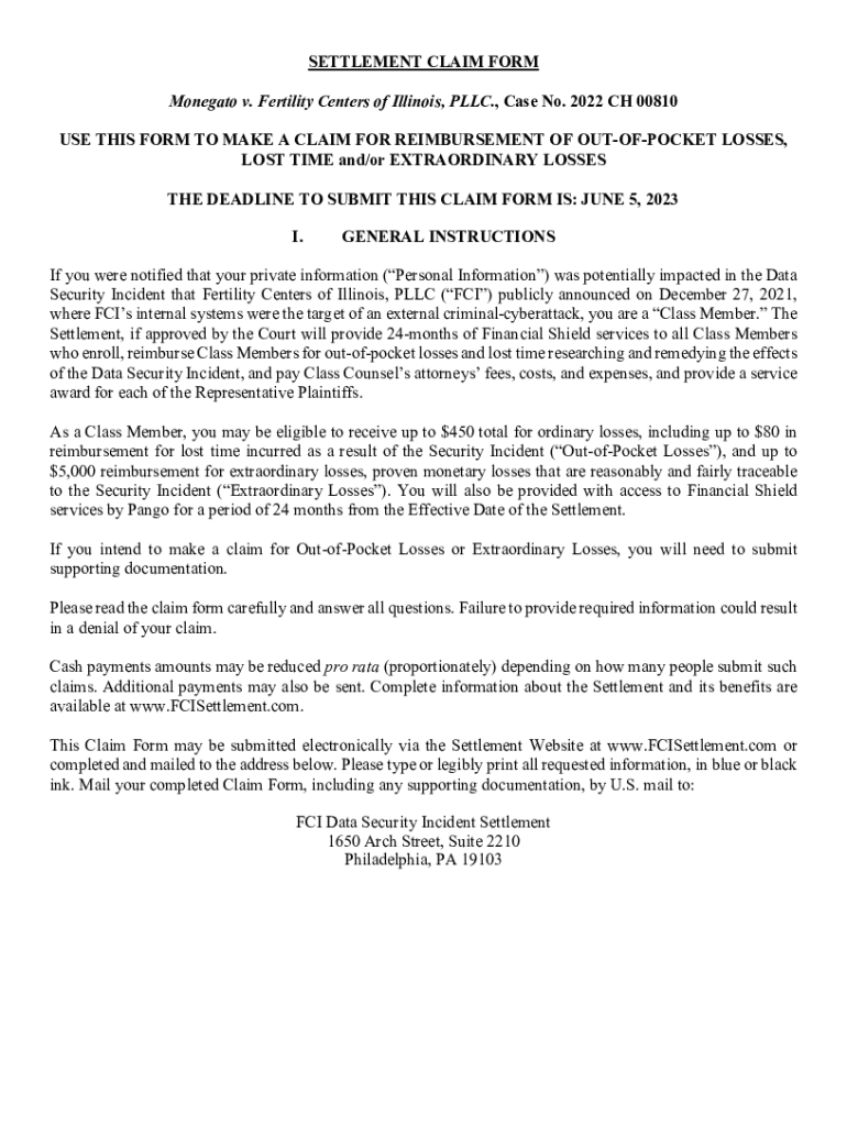 Fillable Online SETTLEMENT CLAIM FORM Monegato v. Fertility Centers ... Fax Email Print - pdfFiller