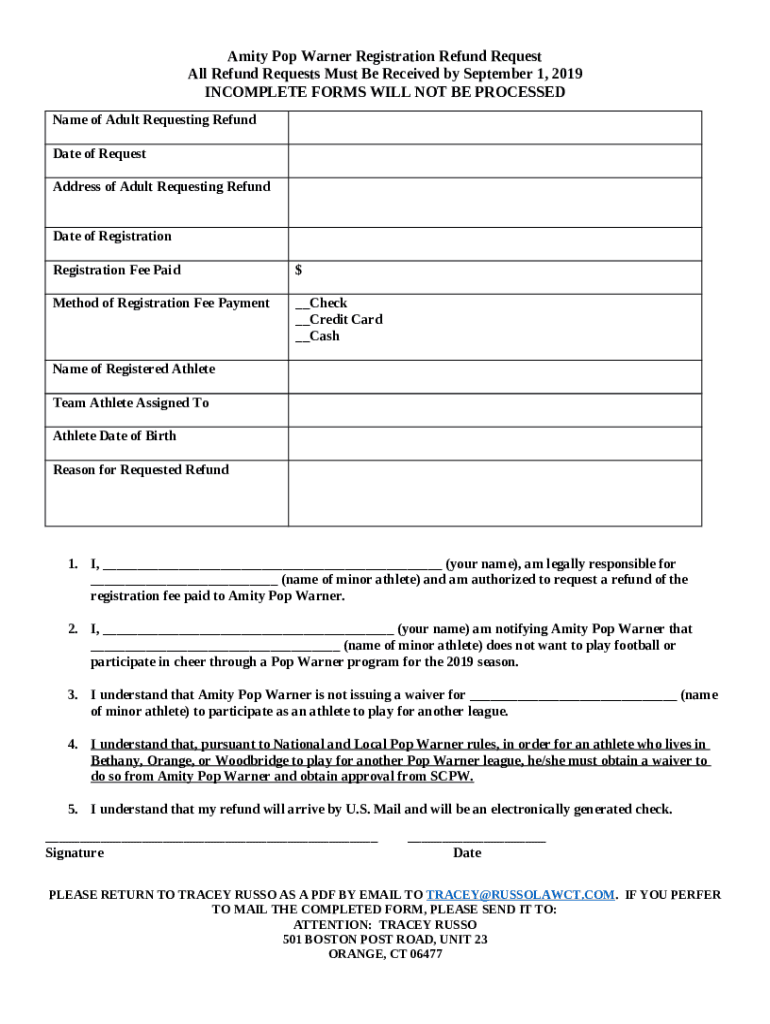 amity pop warner registration refund request ... - cloudfront.net Doc Template | pdfFiller