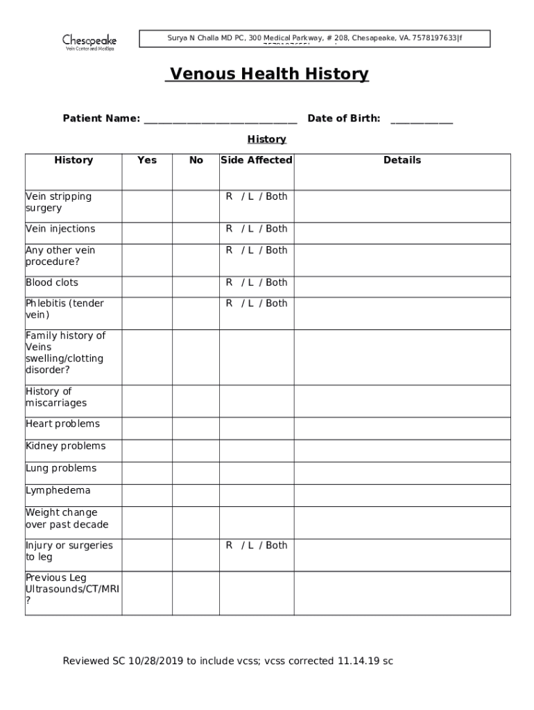 Vein Care Specialists Patient Health History To be ... Doc Template ...