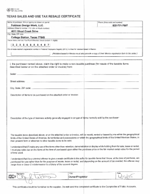 Fillable Online TEXAS SALES AND USE TAX RESALE CERTIFICATE -+ Fax Email ...