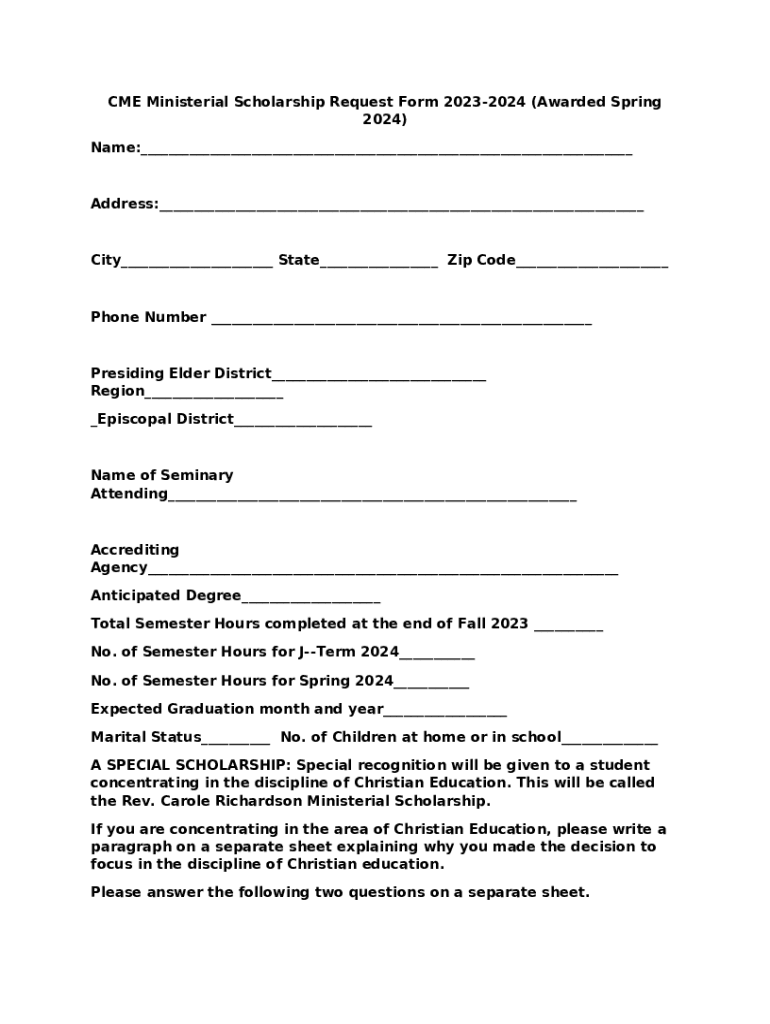 CME Ministerial Scholarship Request 2023-2024 Doc Template | pdfFiller