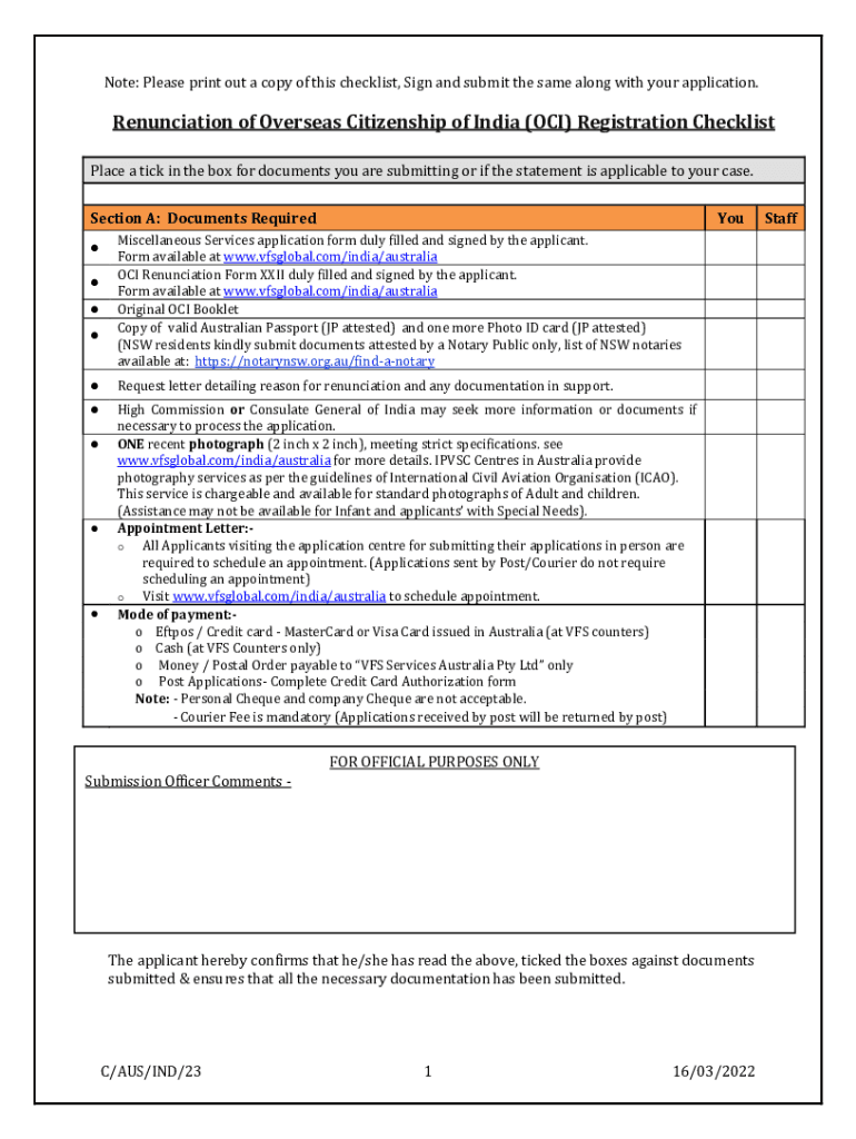 Fillable Online Renunciation of Overseas Citizenship of India (OCI ...