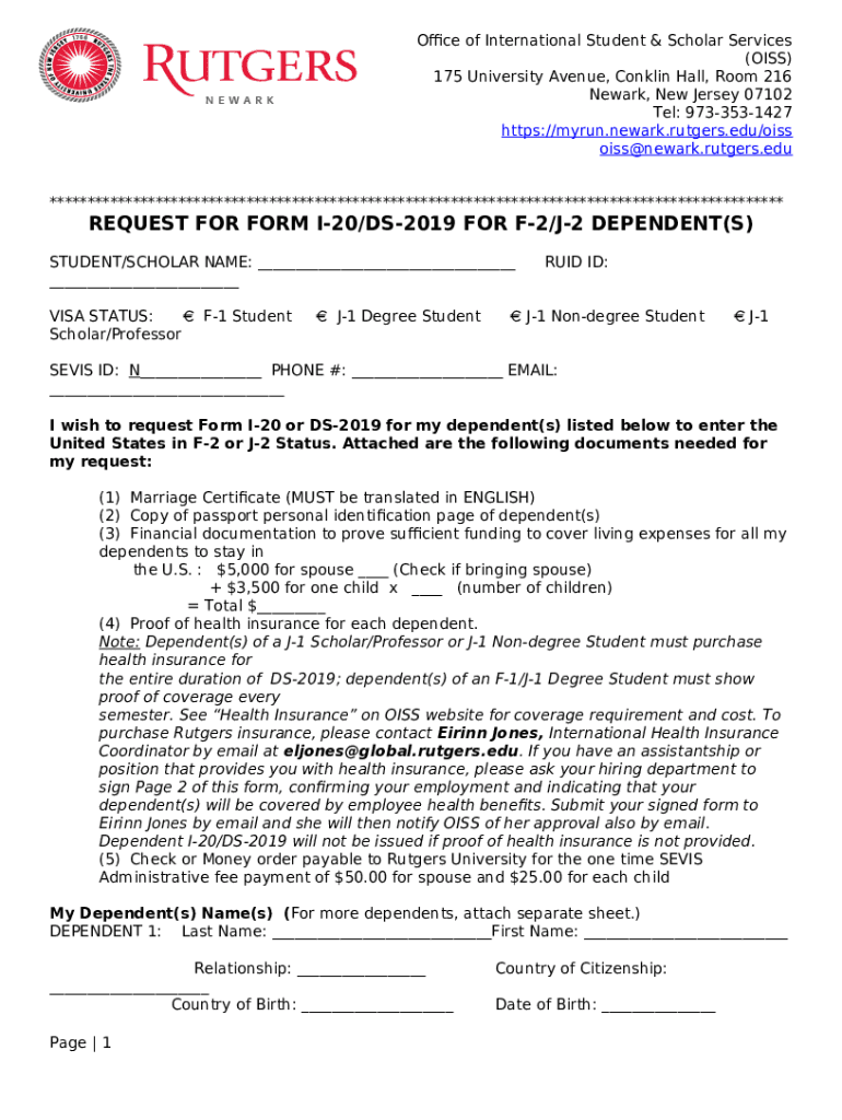 request for i-20/ds-2019 for f-2/j-2 dependent(s) Doc Template | pdfFiller